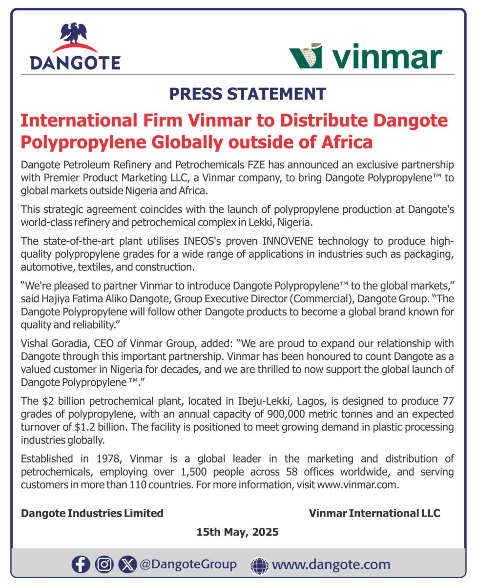 Polypropylene: Dangote Partners Vinmar For Global Distribution
